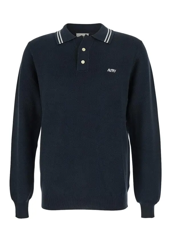 AUTRY Wool-cotton Blend Long-sleeve Polo Shirt With Striped Collar And Embroidered Logo - Blu