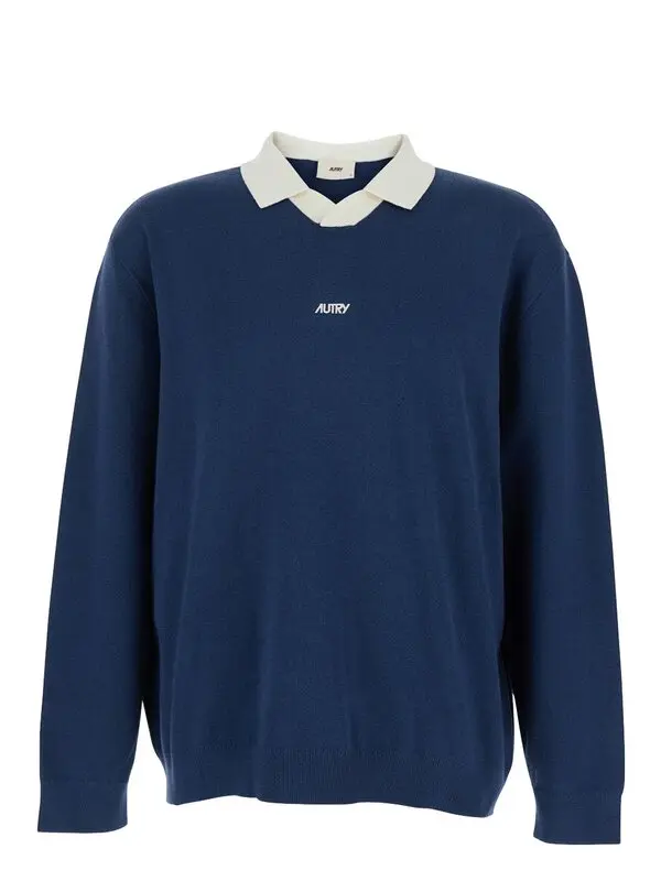 AUTRY Contrast Collar Logo Polo Shirt With Dropped Shoulders - Blu