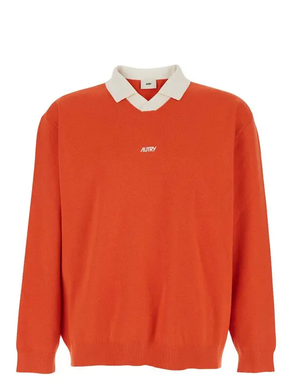 AUTRY Polo Collar Cotton-blend Sweater With Front Logo - Orange
