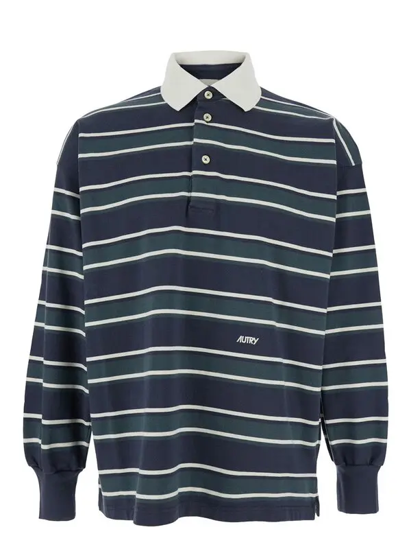 AUTRY Long-sleeve Cotton Polo Shirt With Classic Collar And All-over Striped Motif - Blu