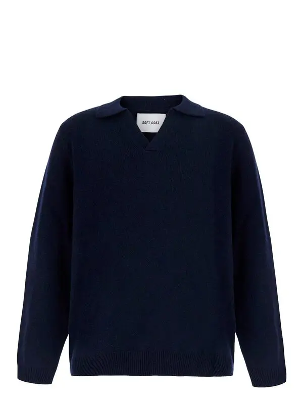 Soft Goat Heavy Cashmere Polo Collar Long Sleeve Jersey For - Blu