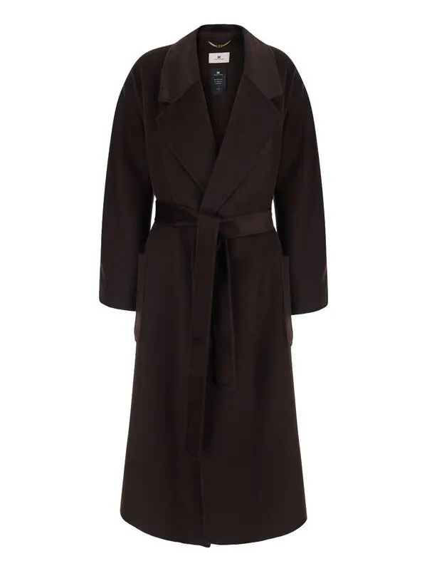 Elisabetta Franchi Wool Belted Jacket With Wide Notched Lapels - Brown