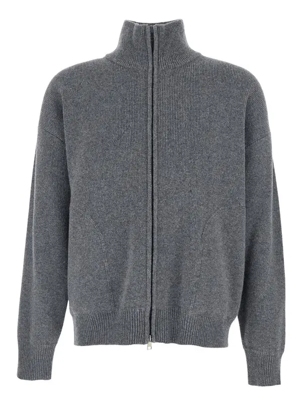 ROBERTO COLLINA Wool High-neck Sweatshirt With Dropped Shoulders And Front Zip - Grey