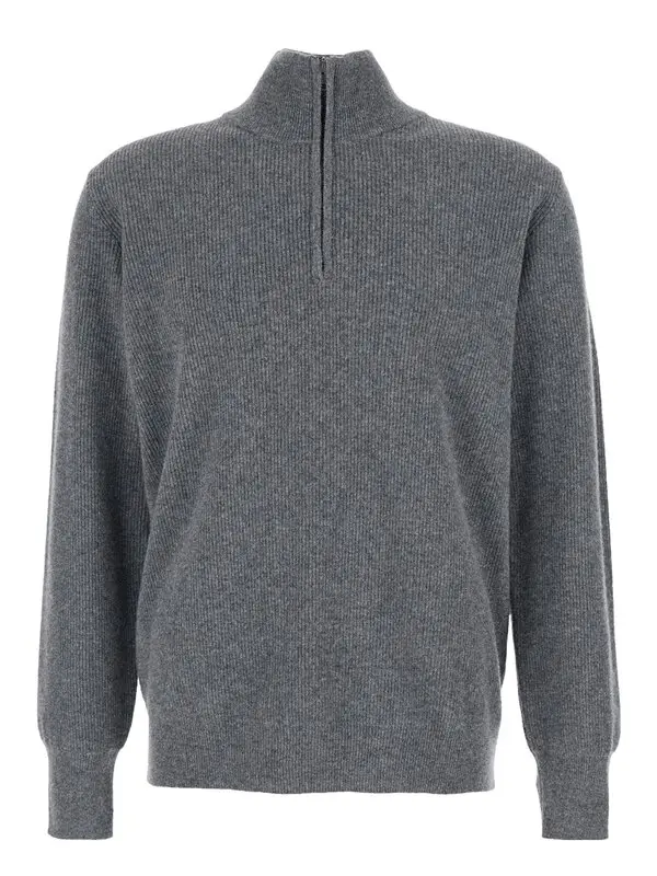 ROBERTO COLLINA Ribbed Wool Sweater With High Neck And Half Zip - Grey