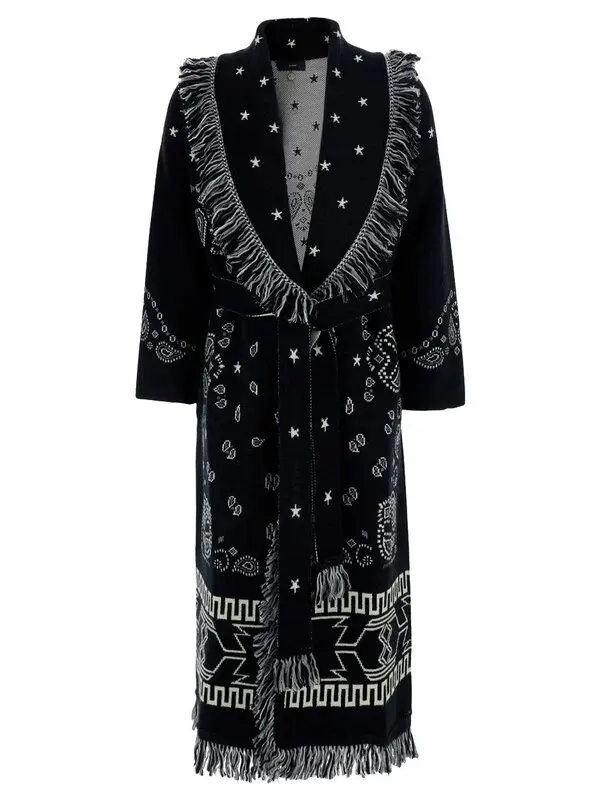 Alanui Wool Bandana Motif Scarf-collar Dress With Frayed Edges - Black