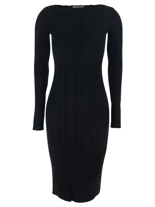 TWINSET Ribbed Long Sleeve Boat Neck Long Dress With Elastic Waistband - Black