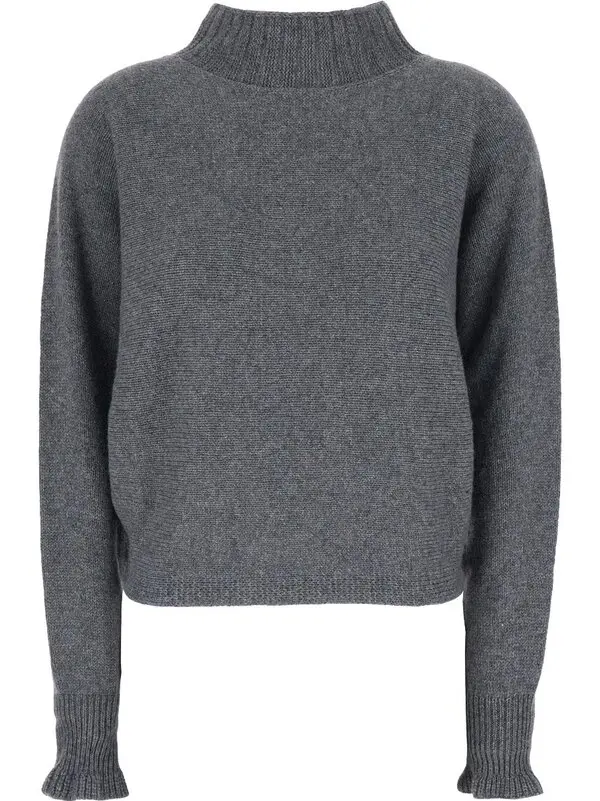 TWINSET Wool Blend Turtleneck Sweater With Metallic Back Logo Plaque And Flared Cuffs - Grey