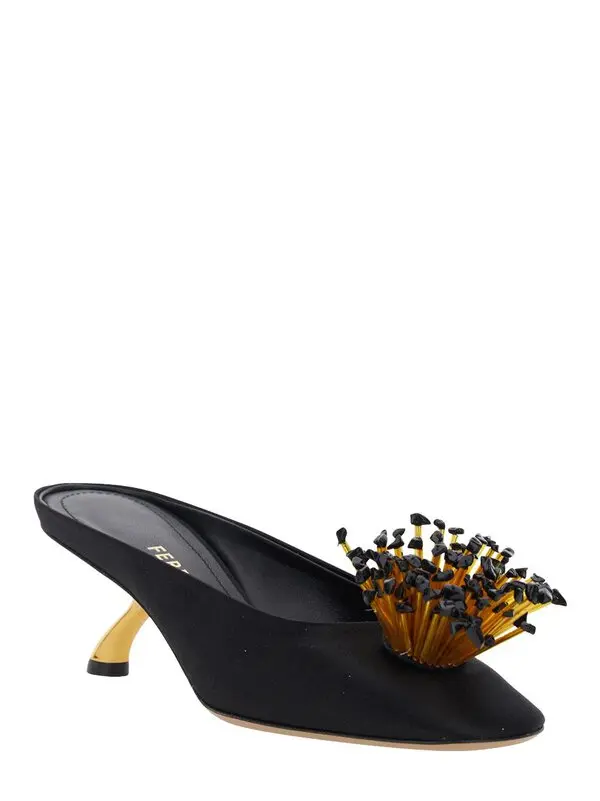 FERRAGAMO Square-toe Fabric Low-heel Sandals With Front Crystal Embellishment And 3 Cm Heel - Black