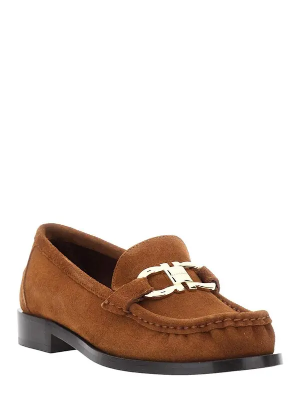FERRAGAMO Marian Suede Loafer With Gancini Hook Plaque - Brown
