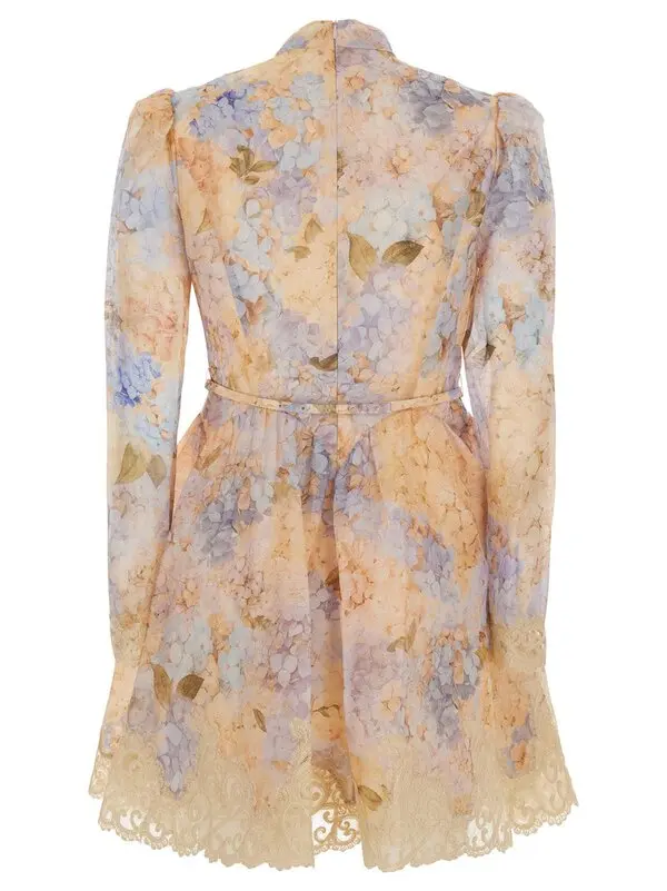 Zimmermann Valiant Panelled Mini Dress In Linen And Silk With V-neck And Long Sleeves - Blu
