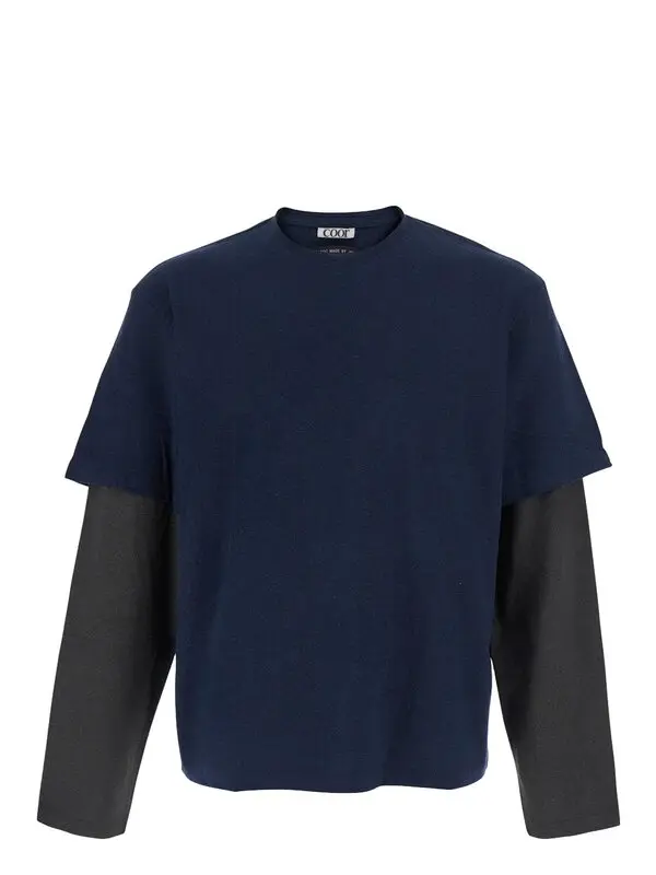 COOR Layered Mix-cut Long-sleeve Hemp-cotton T-shirt - Blu