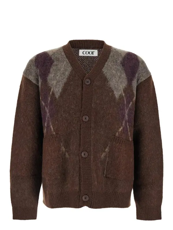 COOR V-neck Wool-blend Argyle Cardigan With Button Front Pockets - Brown