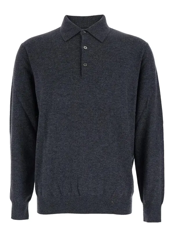 LEPLAIN Wool Blend Polo Collar Sweater With Button Front And Long Sleeves - Grey