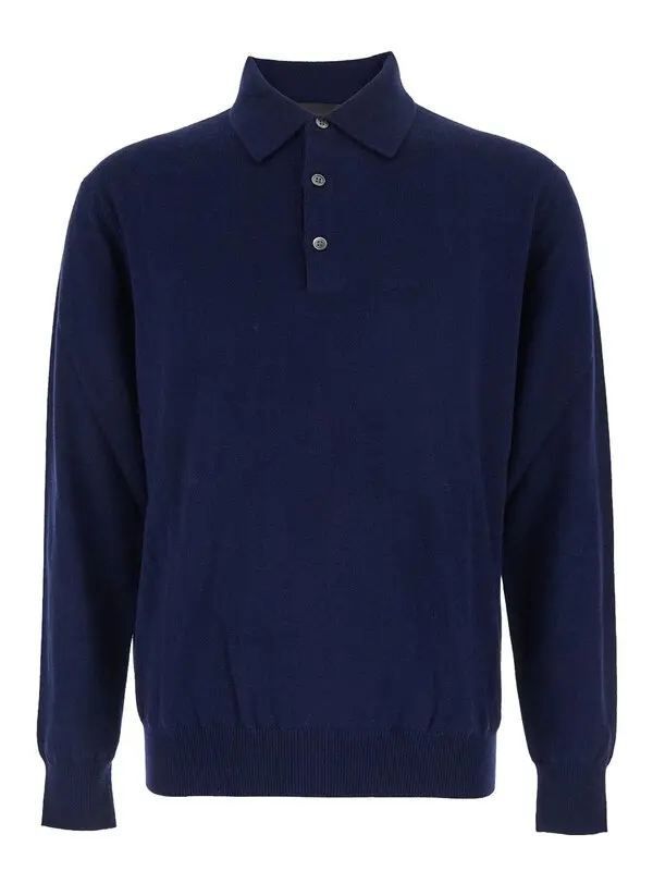 LEPLAIN Wool-cashmere Sweater With Polo-style Collar And Button Front - Blu