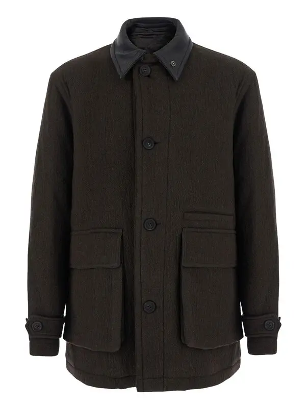 COOR Leather Patchwork Trimming Jacket With Classic Collar And Long Sleeves - Brown