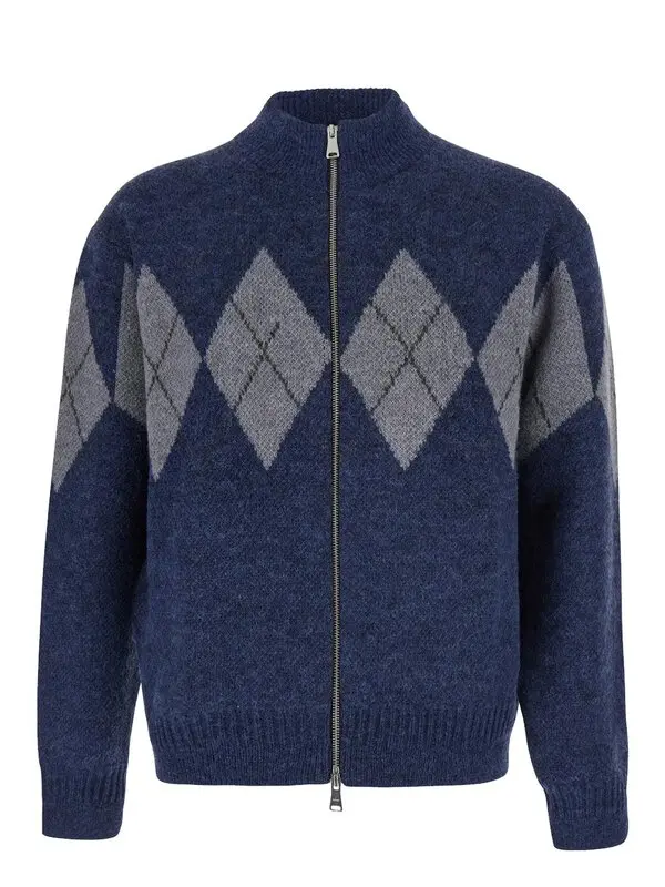 COOR High-collar Inside-out Argyle Zip-up Jacket - Blu