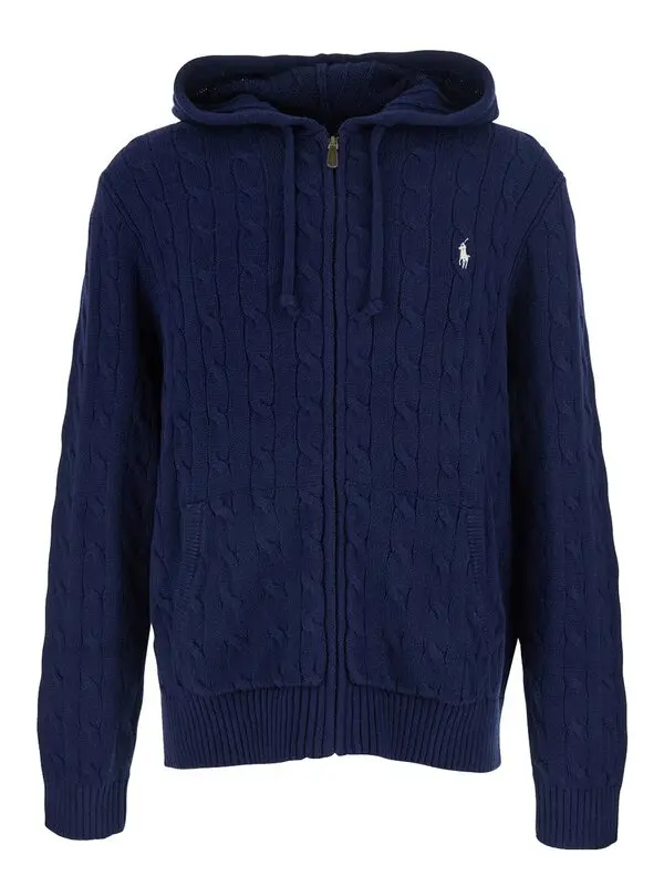 Polo Ralph Lauren Cotton Hooded Cardigan With Drawstring Hood, Pony Patch & Braided Knit - Blu