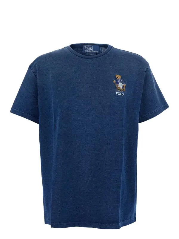 Polo Ralph Lauren Cotton Crew Neck T-shirt With Logo Patch And Denim Effect Finish - Blu
