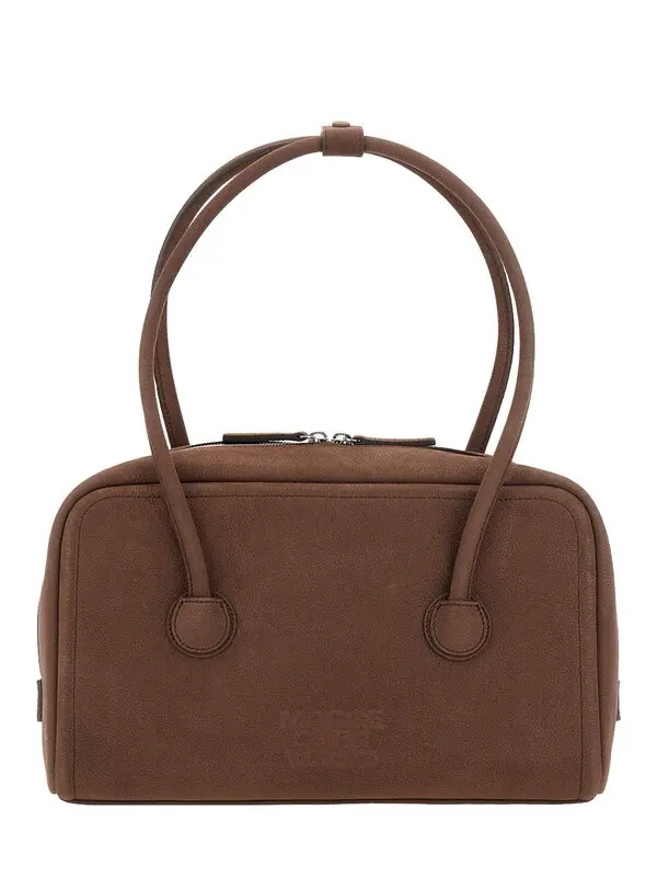 MARGESHERWOOD Soft Boston Small Suede Shoulder Handbag With Two Top Handles And Logo Lettering - Brown