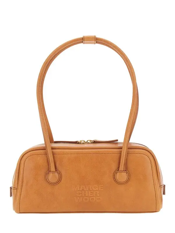 MARGESHERWOOD Soft Boston Leather Shoulder Handbag With Two Top Handles, Logo Front, Top Zip Closure, 29x12x7 Cm - Brown