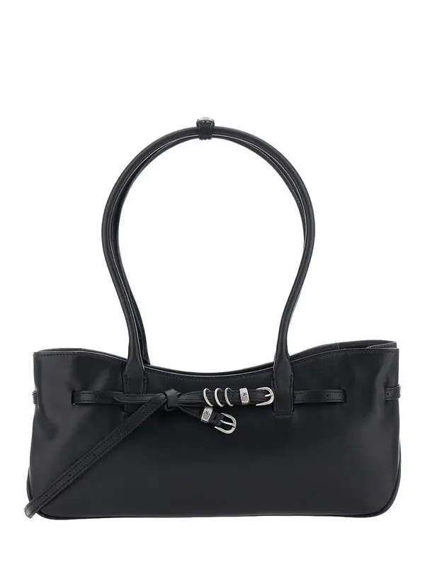 MARGESHERWOOD Grandma Used' Leather Shoulder Handbag With Adjustable Strap, Metal Logo Loops & Top Zip Closure - Black