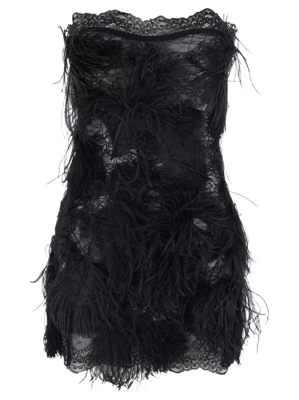 Attico Embroidered Ostrich Feather Lace Dress - Black