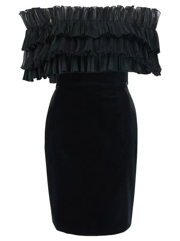 Elisabetta Franchi Ruffle Off-shoulder Velvet Mini Dress With Back Zip - Black