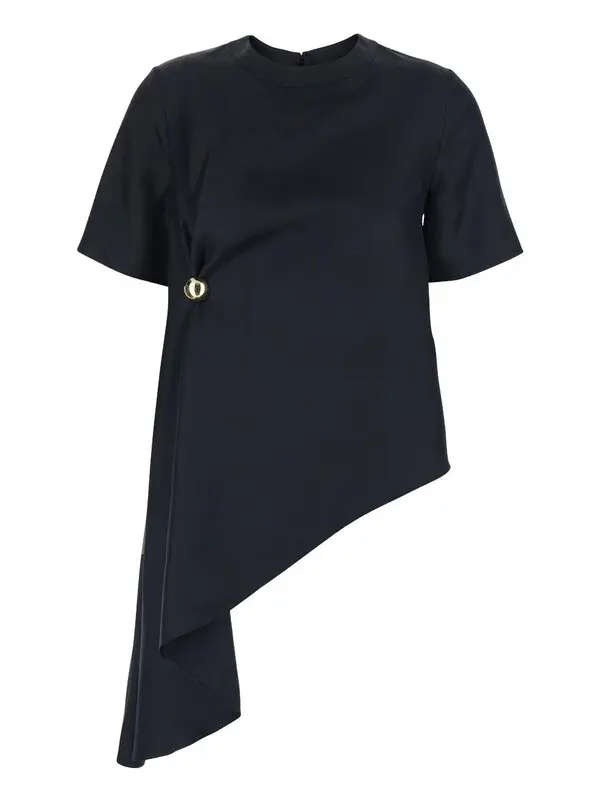 Loulou De Saison Madea Silk Crew Neck Top With Draping And Asymmetrical Hem - Black