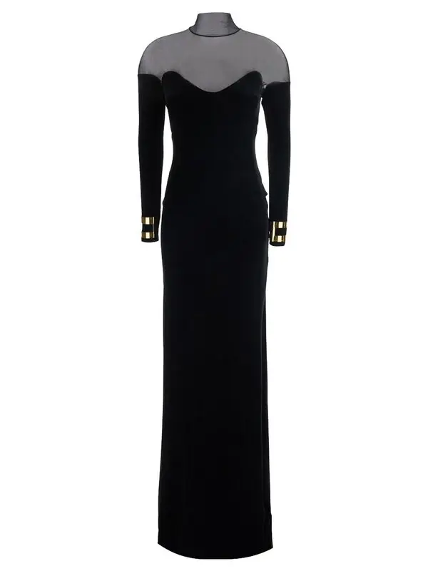 Elisabetta Franchi Long Velvet Dress With V-neck And Long Sleeves - Black