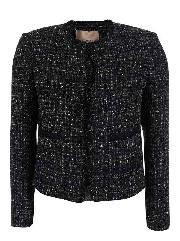 TWINSET Tech Fabric Blazer Jacket With Classic Collar, Button Front & Side Pockets - Grey