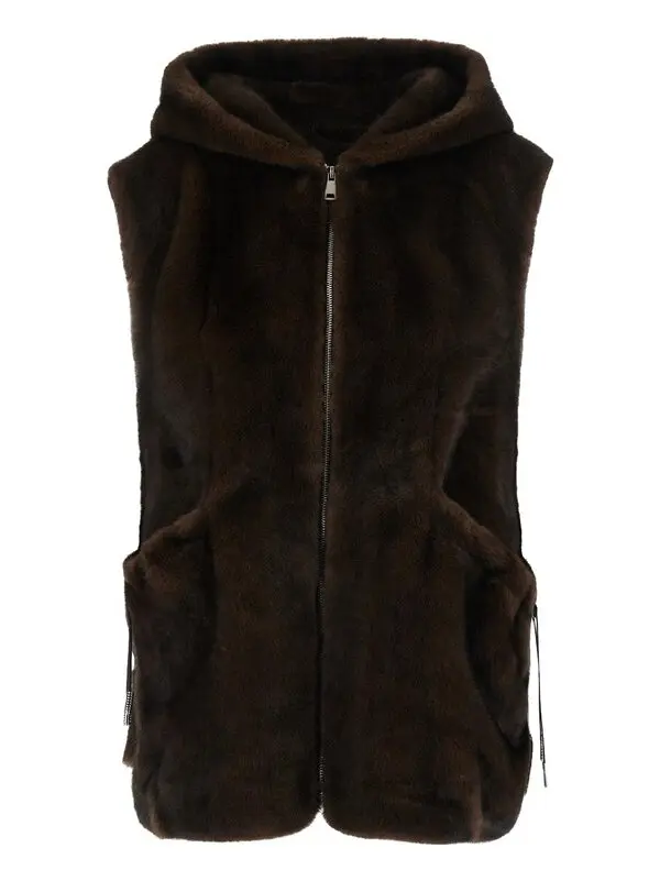 GIOVANNI PARIS Leather Sleeveless Vest With High Collar And Front Zip - Brown