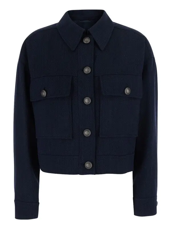 Brunello Cucinelli Wool Crop Jacket With Classic Collar And Monile Decoration - Blu