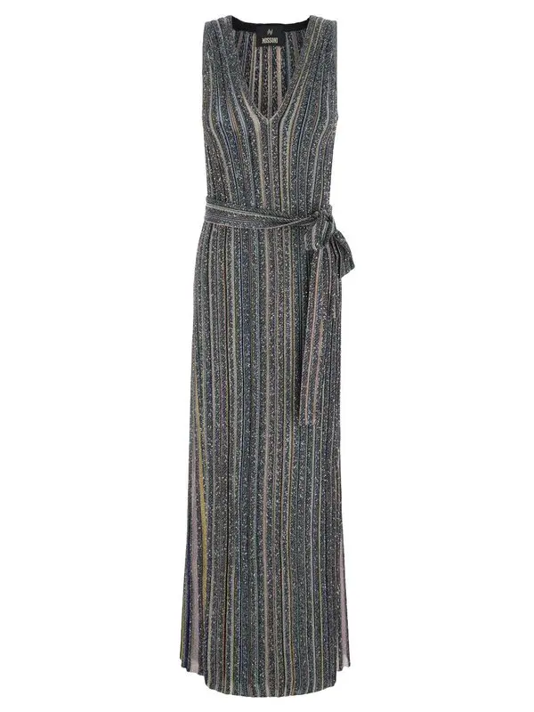 Missoni V-neck Sleeveless Sequin Long Dress With Waist Belt - Multicolor