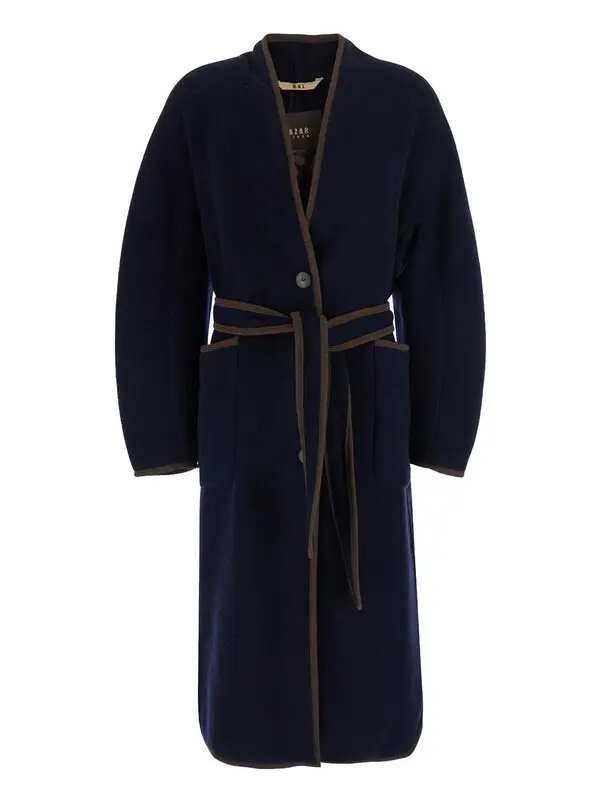 BAZAR DELUXE V-neck Embroidered Back Jacket With Adjustable Waist Belt - Blu