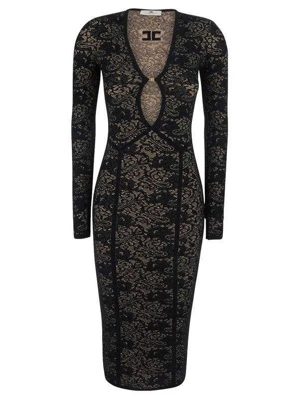 Elisabetta Franchi V-neck Tech Fabric Lace Mini Dress With Logo Plaque - Black