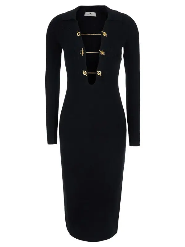 Elisabetta Franchi Deep V-neck Long Sleeve Chain-front Viscose Blend Dress - Black