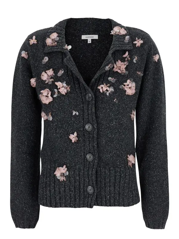 MARKGONG Wool-silk Cardigan With Beaded Detail, V-neck Button Front - Grey