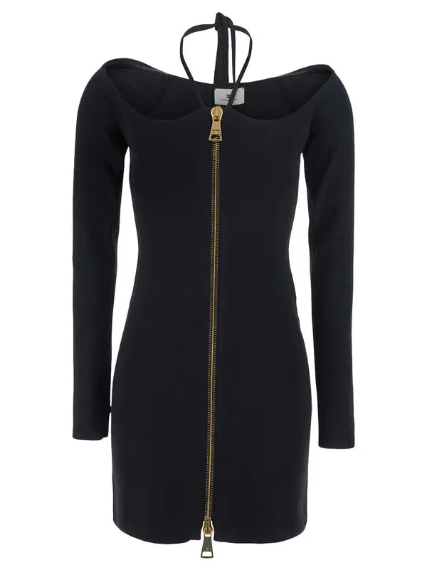 Elisabetta Franchi Mini Dress With Front Zip And Adjustable Neck Tie In Blend Viscose For - Black