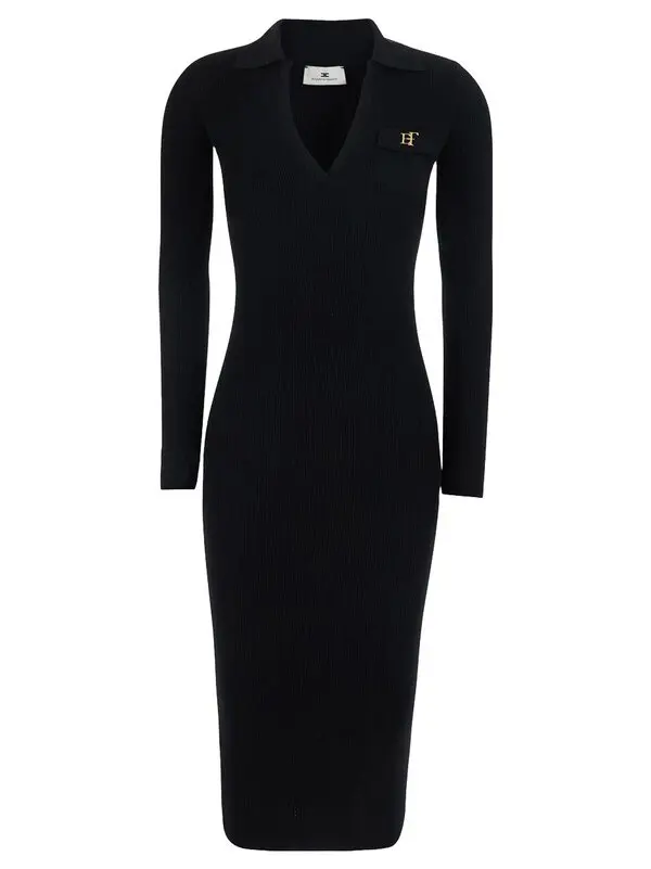 Elisabetta Franchi V-neck Tech Fabric Dress With Logo Pocket - Black