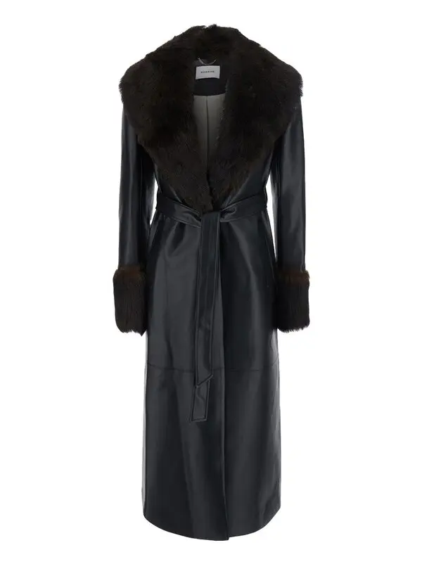 MARKGONG Long Leather Jacket With Fur Collar - Black