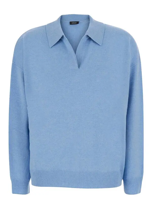 LEPLAIN Cashmere Polo Neck Knit Long Sleeve Polo Shirt - Light Blue