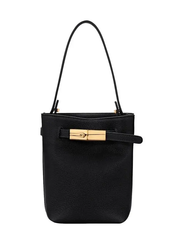 Longchamp Leather Mini Bucket Handbag With Logo Plate, Adjustable & Removable Shoulder Strap, 11x20x11 Cm - Black
