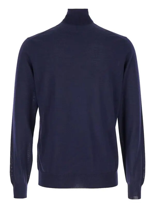 LEPLAIN Ribbed Turtleneck Sweater In Wool With Tone-on-tone Stitching - Blu