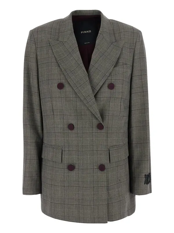 Pinko Wool-blend Double-breasted Blazer With Peak Revers & All-over Stripes Motif - Grey
