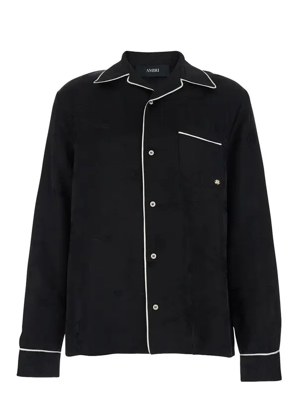 Amiri Cuban Collar Long-sleeve Shirt With Tone-on-tone Floral Embroidery - Black