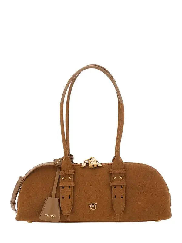 Pinko Love Birds Suede Bowling Horizontal Handbag With Top Zip, Locket Charm & Adjustable Shoulder Strap, 29x11x7 Cm - Brown