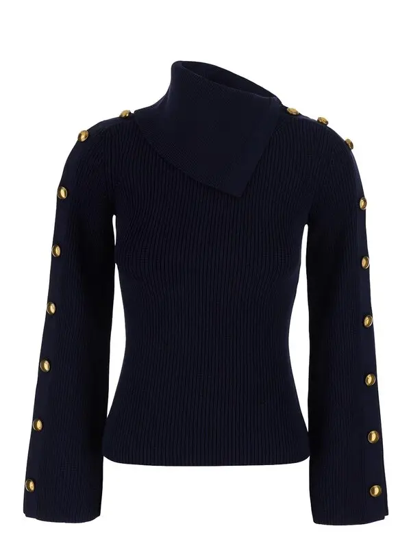 Elisabetta Franchi Asymmetrical High-collar Viscose Sweater With Jewel Button Sleeves - Blu