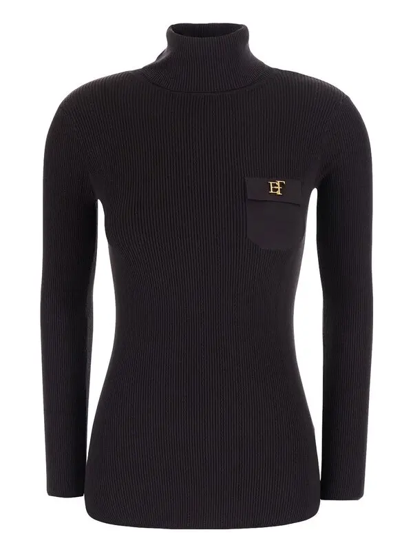 Elisabetta Franchi High-neck Cotton Sweater With Front Logo And Ribbed Knit - Brown