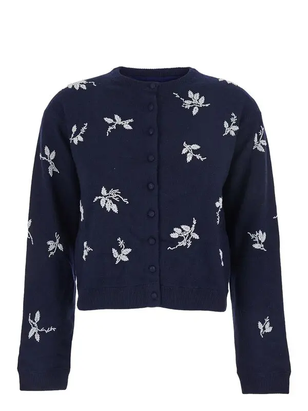 ATELIER EDITION Embroidered Cotton-blend Crew Neck Cardigan For - Blu