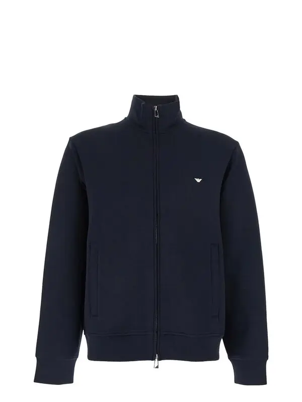 Emporio Armani S Cotton-blend High-neck Zip Sweatshirt With Front Logo Embroidery - Blu